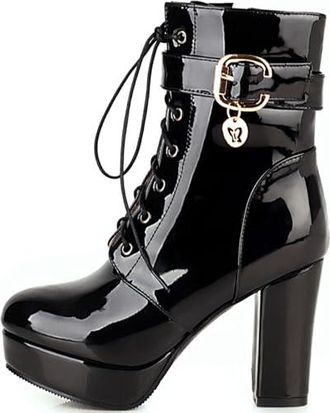 SJJH Bottines &agrave; fermeture &eacute;clair lat&eacute;rale pour femme - Talon de 10 cm - Boucle en m&eacute;tal - Doublure douillette, Noir, 33 EU