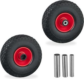 Relaxdays Sackkarrenrad 2er Set, 3.00-4, Vollgummi, Komplettrad Stahlfelge, 3 Adapter, Ersatzrad Schubkarre, schwarz-rot