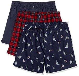 Nautica Lot de 3 Boxers en Coton tissé pour Homme, Peacoat/Winter Plaid-Red/Holiday Sailboats-Peacoat, X-Large
