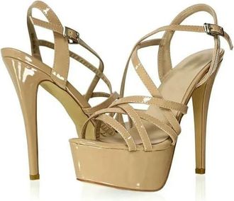 Generic YUJIEBB 14CM Plateforme Talons Hauts Sandales Sexy Sangle de Cheville Bout Ouvert Gladiateur Party Dress Femmes Chaussures Plus Taille 44, nude, 39.5 