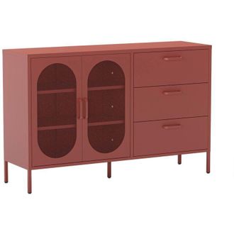 Altobuy OLIVIA - Buffet 2 Portes Ajour&eacute;es 3 Tiroirs en M&eacute;tal Terracotta