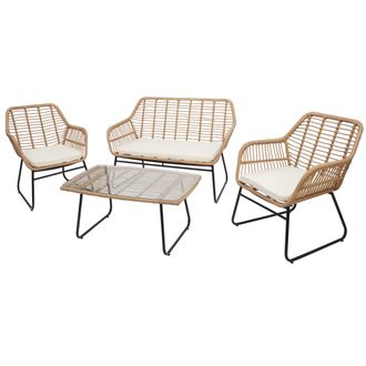 Mendler Polyrattan Garnitur HWC-G17a, Garten Sofa Set Sitzgruppe Stuhl, Seil - naturfarben, Polster Creme ohne Dekokissen