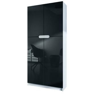 Vladon Büroschrank Logan V1, Made in Germany, Aktenschrank mit 5 Fächern und 4 Türen, Weiß matt/Schwarz Hochglanz (82 x 185 x 37 cm)
