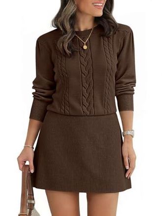 Generic Robe pull pour femme, manches longues, col haut, en maille c&ocirc;tel&eacute;e, coupe ajust&eacute;e, manches bouffantes, caf&eacute;, XXL