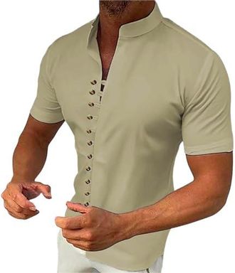 Generic Chemise en coton et lin pour homme - Chemisier dentra&icirc;nement en coton et lin - Col montant - Chemise &agrave; manches courtes - Cardigan l&eacute;ger pour homme, ka