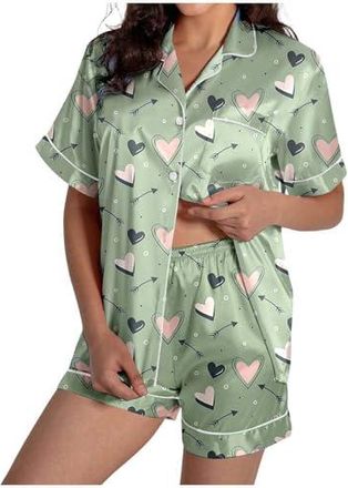 Generic Ensemble de pyjama &agrave; manches courtes avec col en V imprim&eacute; et poche boutonn&eacute;e pour la Saint-Valentin 2026 (2), Vert, XXL