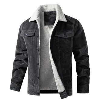 Generic Veste dhiver décontractée en velours côtelé pour homme, coupe ample, doublure en polaire de coton, manteau chaud multi-poches, gris, L