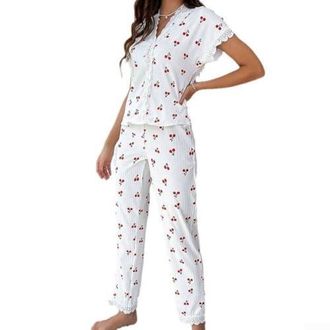 Generic Ensemble de pyjama imprim&eacute; cerise pour femme - Haut &agrave; manches courtes et pantalon long, v&ecirc;tement de nuit doux en dentelle &eacute;pissure col en V &agrave; manches 