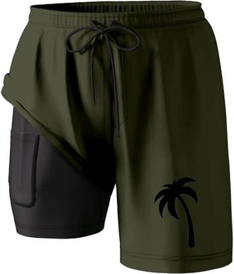 Generic Short de bain court pour homme avec doublure de compression, couture int&eacute;rieure, short de bain, maillot de bain avec poches, Vert fonc&eacute;., 4XL