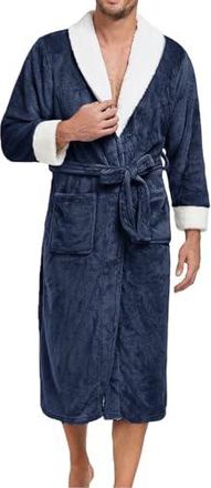 Generic Robe de chambre longue chaude en polaire pour homme - Peignoir long en coton - Col ch&acirc;le - Chaud - Avec ceinture - Doux et luxueux - V&ecirc;tement de nuit,