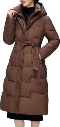Generic Manteau long &agrave; capuche matelass&eacute; pour femme - Coupe ajust&eacute;e - Manteau dhiver chaud avec ceinture, caf&eacute;, 3XL