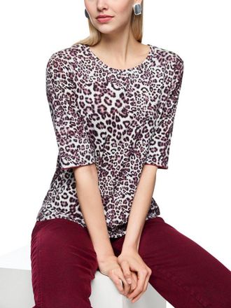 Marc Cain T-Shirt Mon Cherry Premium Damenmode Rippstrick Shirt mit Leo Print, Turn-Up-&Auml;rmel, k&ouml;rpernah