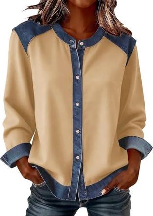 Generic Chandail en jean pour femme, col rond, boutonn&eacute;, patchwork, cardigan en denim, chemises vintage, veste d&eacute;contract&eacute;e, pull pour femme, beige, XXL