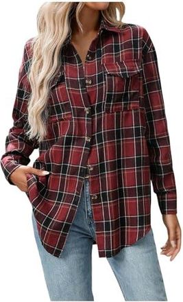 Generic Hauts à manches longues pour femme - Col en V - Col en V - Décontracté - Lâche - Chemisier à carreaux pour femme, Z05-vin, XL