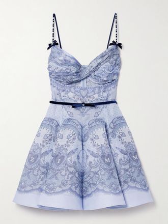 Zimmermann Mini-robe En Lin Et Soie Mélangés Imprimés À Finitions En Velours Et À Ornements Crush - Bleu
