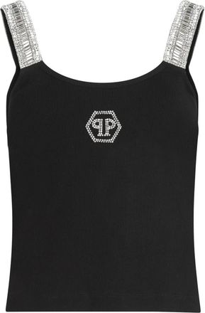 Philipp Plein Femme, Tops, Noir, Taille: 40 FR Rib Tank Top Strass Hexagon