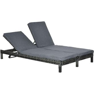 OUTSUNNY Polyrattan Doppelliege Sonnenliege Gartenliege f&uuml;r 2 Personen Relaxliege Luxus Lounge 5-stufige R&uuml;ckenlehne Metall PE Rattan Grau 196 x 120
