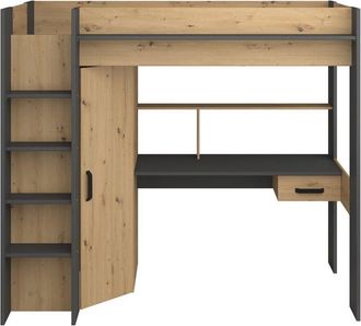 Les Tendances Hochbett mit Schreibtisch + Kleiderschrank - 90 x 200 cm - Naturfarben & Anthrazit - AUCKLAND
