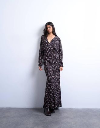 Topshop Langärmliges Midi-Freizeitkleid mit Blumenprint-Schwarz