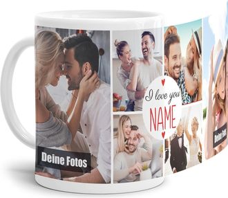 Tassendruck Foto-Tasse selbst gestalten - I Love You - Collage mit 6 Fotos & Name - Geschenk für Familie, Freunde, Paar, Geburtstag, Weihnachten - Keramik, Weiß, 