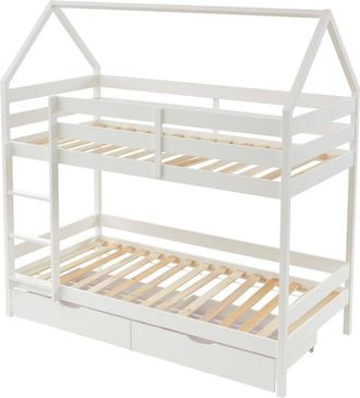 Vente-Unique Vente-unique - Lits superposés cabane 2 x 90 x 190 cm - 2 tiroirs - Pin - Blanc - chori