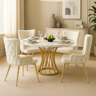 Urban Meuble Ensemble de salle à manger scandinave avec table effet marbre blanc et chaises rembourrées en velours beige - KROGZEX GOLD+CRORQREONS