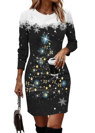 Onsoyours Weihnachtskleid Damen Weihnachtsdruck Pulloverkleid Langarm Rundhals Weihnachten Minikleid Schneeflocken Muster Partykleid Elegant Wickelkleid Slim Fi