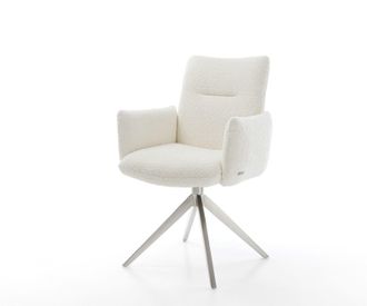 DELIFE Drehstuhl Jova-Flex mit Armlehnen Boucl&eacute; Wei&szlig; Kreuzgestell breit Edelstahl 360&deg; drehbar Wippfunktion Taschenfederkern, Esszimmerst&uuml;hle