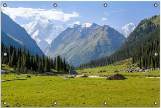 Wallario Outdoor-Poster für Garten oder Balkon Gebirgspanorama Himmelsgebirge, Motivbanner Größe: ca. 80 x 120 cm, Outdoor-Bild