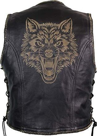 MDM Gilet en cuir avec impression laser (loup), Noir, XL
