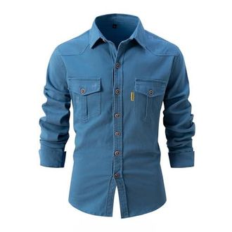 Generic Chemise extensible d&eacute;lav&eacute;e pour homme, chemises avec poches, chemises d&eacute;contract&eacute;es tendance polyvalentes et couleurs unies, chemise &agrave; col &agrave; revers et