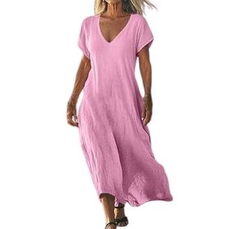 Generic Robe de plage d&eacute;t&eacute; en coton &agrave; manches courtes et col en V pour femme - Robe longue confortable et fluide, rose, 5XL