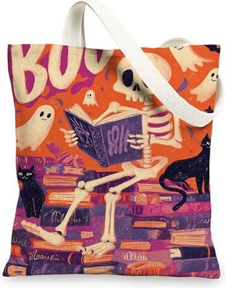 Generic Sacs fourre-tout fantaisistes en toile motif squelette vintage, motif fantôme dHalloween, sacs dépicerie réutilisables, légers et lavables, Orange, 13