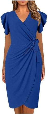 Generic Robes amincissantes pour femmes, robe d&eacute;contract&eacute;e avec temp&eacute;rament de style et coupe ajust&eacute;e, impression pliss&eacute;e, couleur unie, bleu, XXL