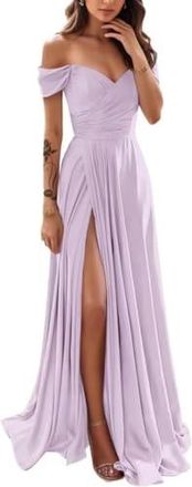 Generic Robe de bal en satin à épaules dénudées avec fente pour adolescentes, robe de demoiselle dhonneur longue plissée, lilas, 40