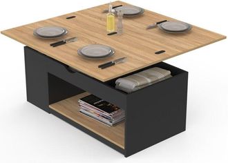 IDMarket Rechteckiger, aufklappbarer Couchtisch, umwandelbar in einen Esstisch ELEA schwarzes Holz und Buchenholzoptik