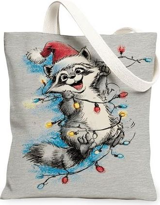 Generic Sacs fourre-tout en toile de raton laveur de No&euml;l, motifs danimaux mignons, sacs d&eacute;picerie r&eacute;utilisables, amusants pour lhiver, l&eacute;gers, lavables, gris