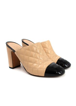 Chanel Beige Quilted Black Patent Cap-toe Mules Size 41