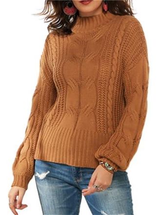 Generic Pull dautomne 2023 &agrave; col montant pour femmes, coupe d&eacute;contract&eacute;e, manches longues, tricot c&ocirc;tel&eacute;, taille L, pour le quotidien, le travail et les vacan