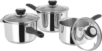 Judge Judge Vista 3-Teiliges Topfset, Edelstahl Kochtopf Set, 16 cm, 18 cm, 20 cm T&ouml;pfe mit Abgie&szlig;rand & Siebdeckel, Induktionsgeeignet, Ofenfest