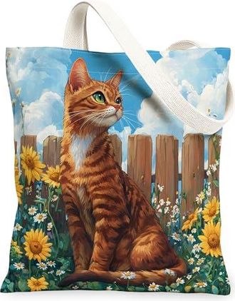 Generic Sac fourre-tout en toile de chat abyssin printanier pour faire du shopping, 33 x 38,1 cm, motif tournesol, cl&ocirc;ture de chaton, sac d&eacute;picerie r&eacute;utilisab