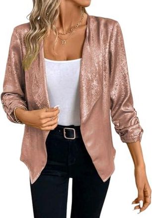 Generic Blazer Femme Veste Blazer Scintillante pour Femme Cardigan Ouvert sur Le Devant Manches 3/4 Fronc&eacute;es Col &Agrave; Revers Veste De Tailleur &Eacute;l&eacute;gante Et Brilla