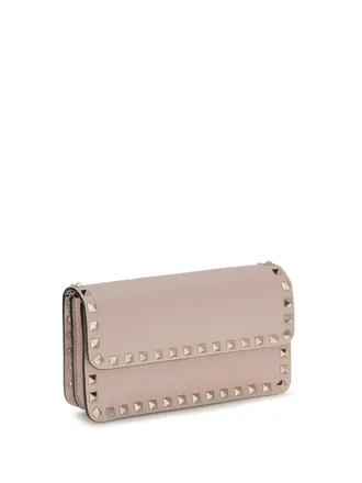 Valentino Garavani Womens Rockstud Chain Wallet Rose Quartz Calf Leather Bos Taurus