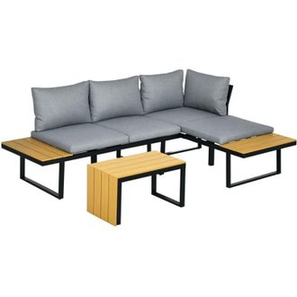 OUTSUNNY 3-tlg. Gartenm&ouml;bel-Set, Balkonm&ouml;bel mit Sitzkissen, Gartenlounge-Set mit Ecksofa, Doppelsofa, Couchtisch, f&uuml;r Terrasse, Balkon, Alu, Dunkelgrau+Natur