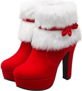Hemobllo Bottines Courtes dHiver &agrave; Talons Hauts en Peluche Rouges Taille 41 Semelle Antid&eacute;rapante en Caoutchouc Fermeture &Eacute;clair Lat&eacute;rale et Noeud D&eacute;coratif Bo