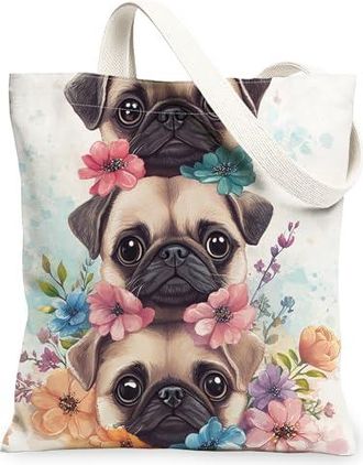 Generic Sac fourre-tout en toile motif carlin printanier pour faire du shopping, 33 x 38,1 cm, sac &agrave; bandouli&egrave;re r&eacute;utilisable pour femme, peinture danimaux do