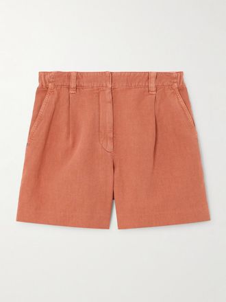 Brunello Cucinelli Short En Serge De Coton Et De Lin M&eacute;lang&eacute;s &Agrave; Plis Et &Agrave; Perles - Orange