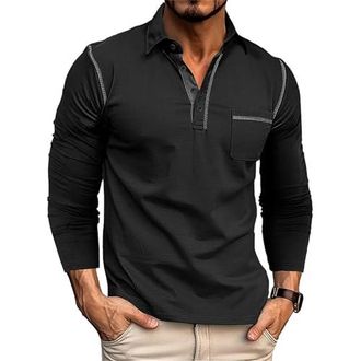 Generic Chemises Henley d&eacute;contract&eacute;es tendance &agrave; manches longues de couleur unie confortables et l&eacute;gers avec poche pour le golf, Noir, XXL