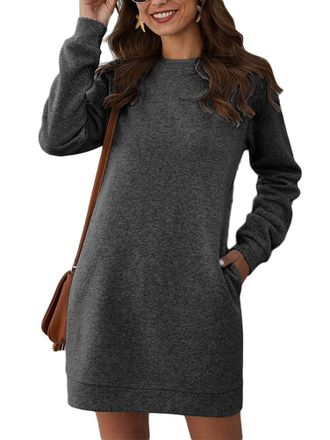 TOMWELL Hoodie Kleid Damen Pullover Langarm Sweatshirtkleid Tops Herbst Kurz Kleid Sweatshirt Pulloverkleid mit Taschen Dunkelgrau 3XL