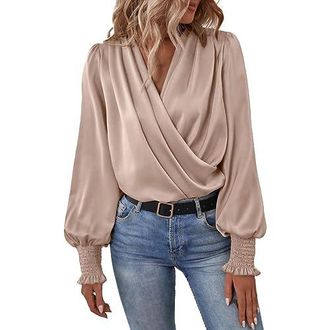 Generic Chemise &eacute;l&eacute;gante pour femme avec col en V et manches superbes, chemise de couleur unie &agrave; porter avec des leggings, beige, XL